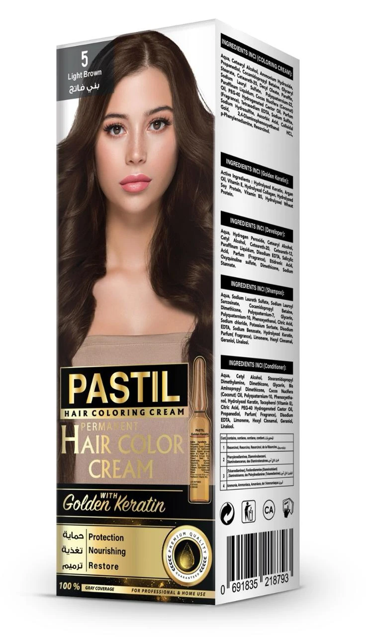 PASTIL Hair Color Cream No. 5 – Light Brown with Golden Keratin (Full Kit)